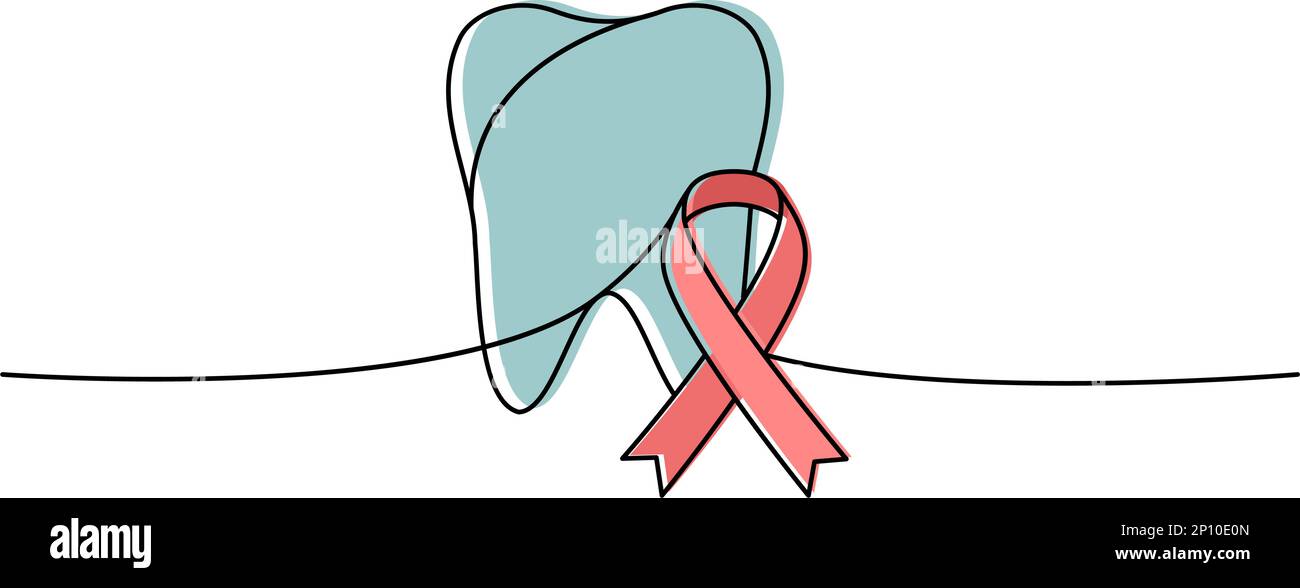 Tooth with ribbon one line colored continuous drawing. Cancer awareness ...