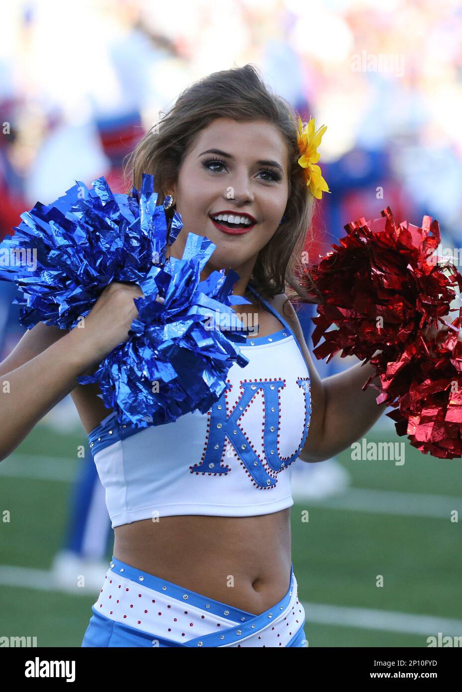 3 Sep 2016: A Kansas cheerleader performs during the NCAA football ...
