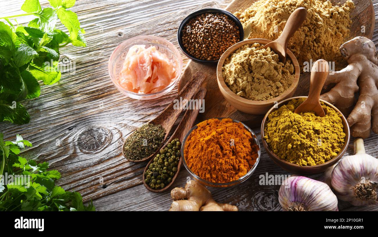 Composition with assortment of spices and herbs Stock Photo - Alamy
