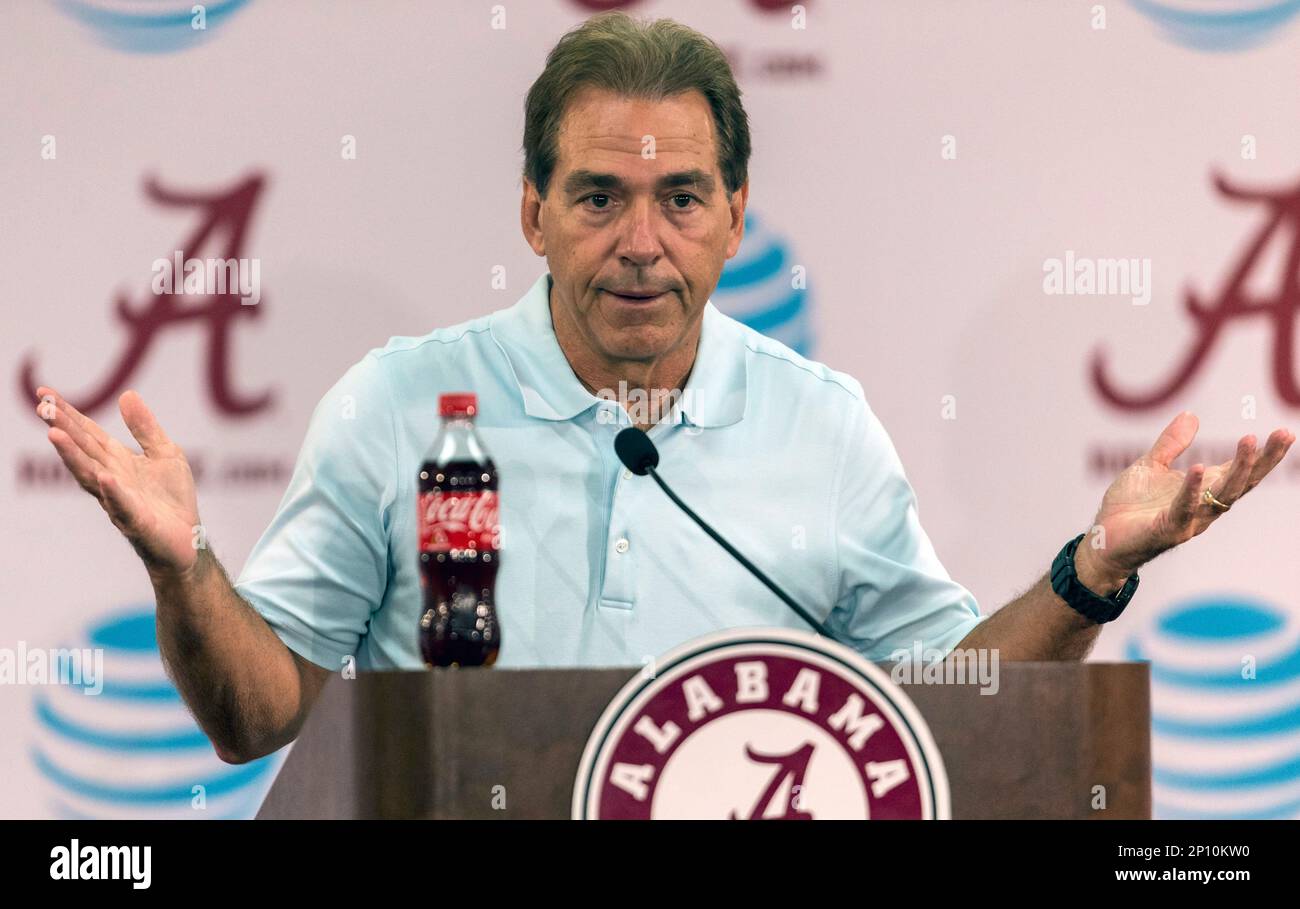 Alabama NCAA college football coach Nick Saban talks with the media ...