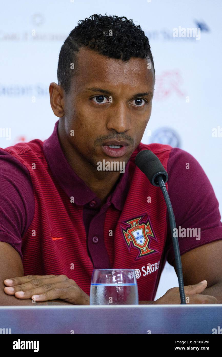 Portuguese soccer player Nani speaks during a press conference Monday ...