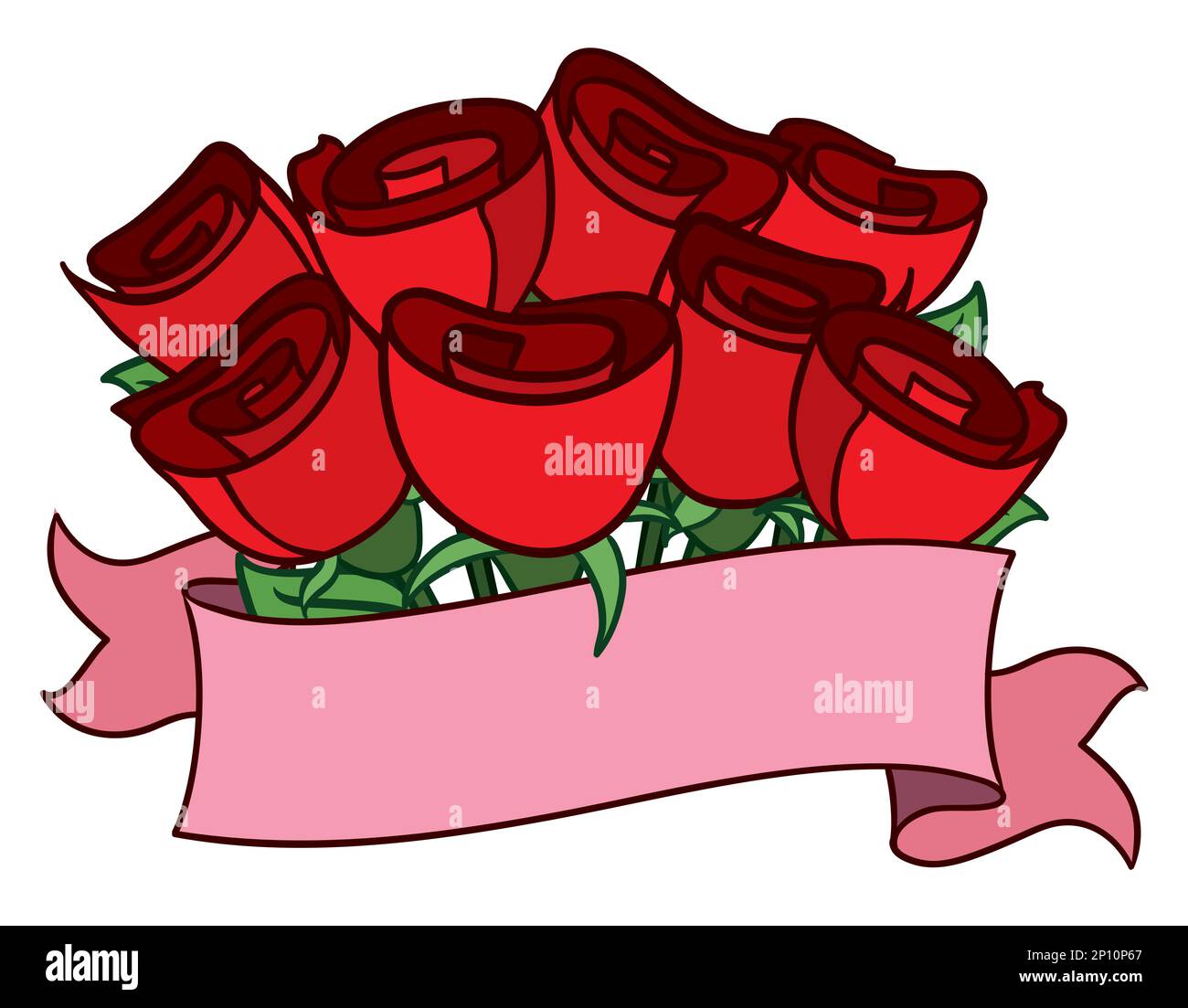 Floral arrangement with group of red roses wrapped with pink ribbon ...