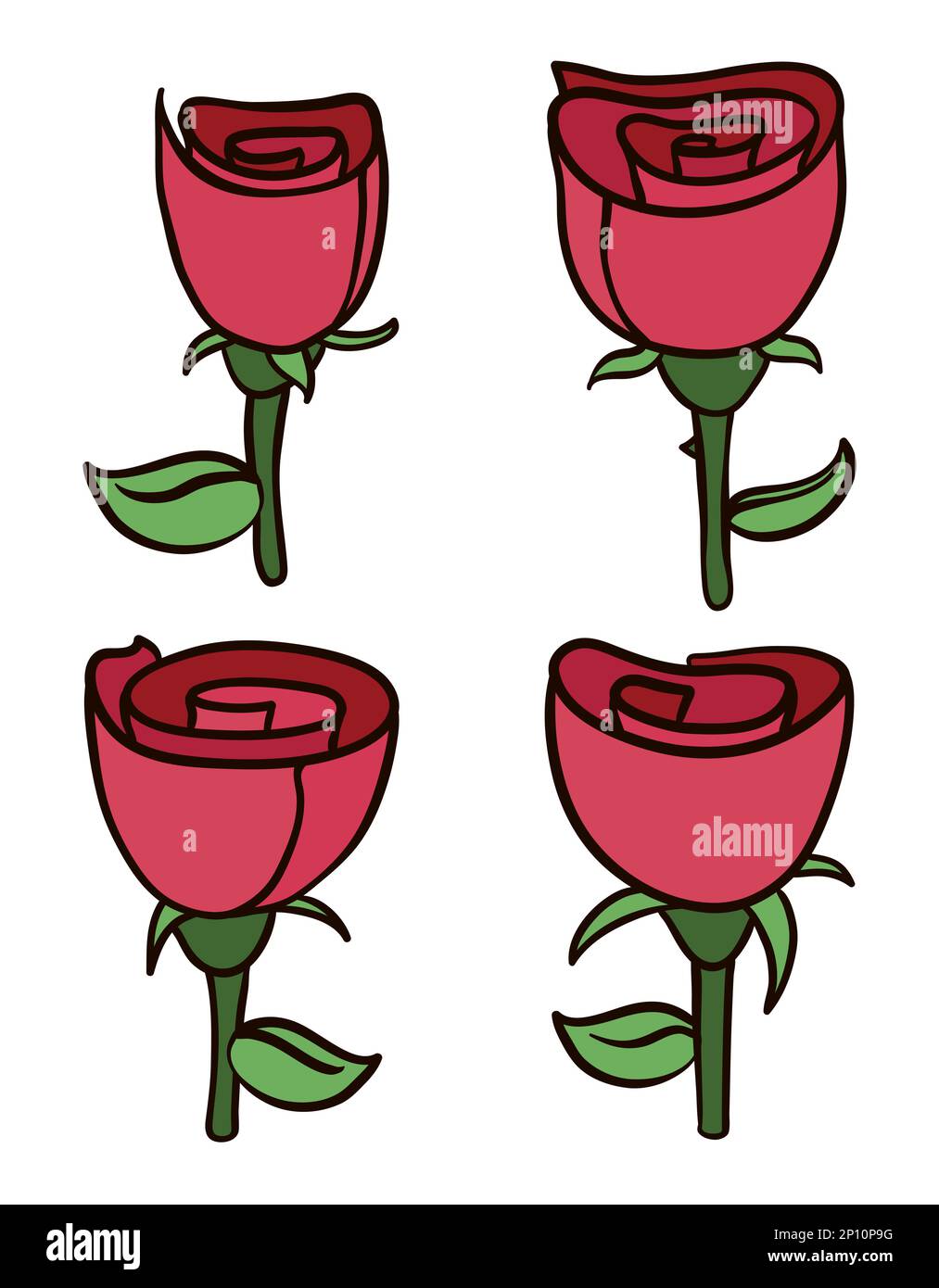 Set with four pink roses with sepal, leaves, rosehips and stems in ...