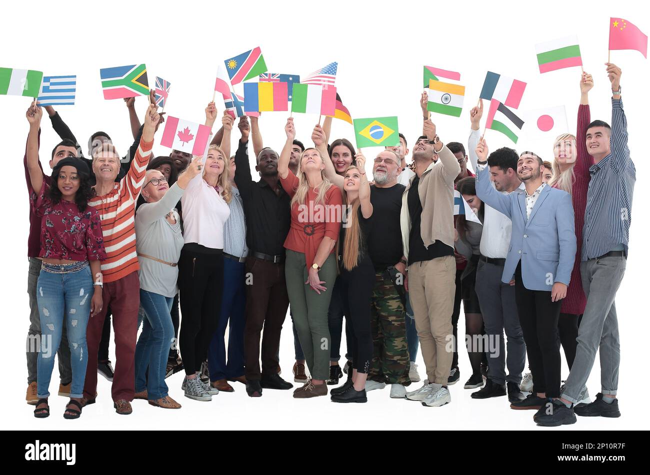 People stand with different national flags and wave proudly Stock Photo ...
