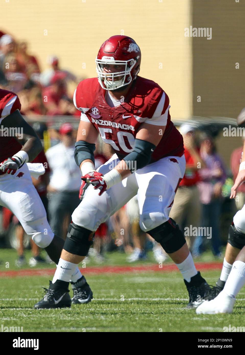 SEP 3, 2016: Arkansas right guard Jake Raulerson #50 drops in ...