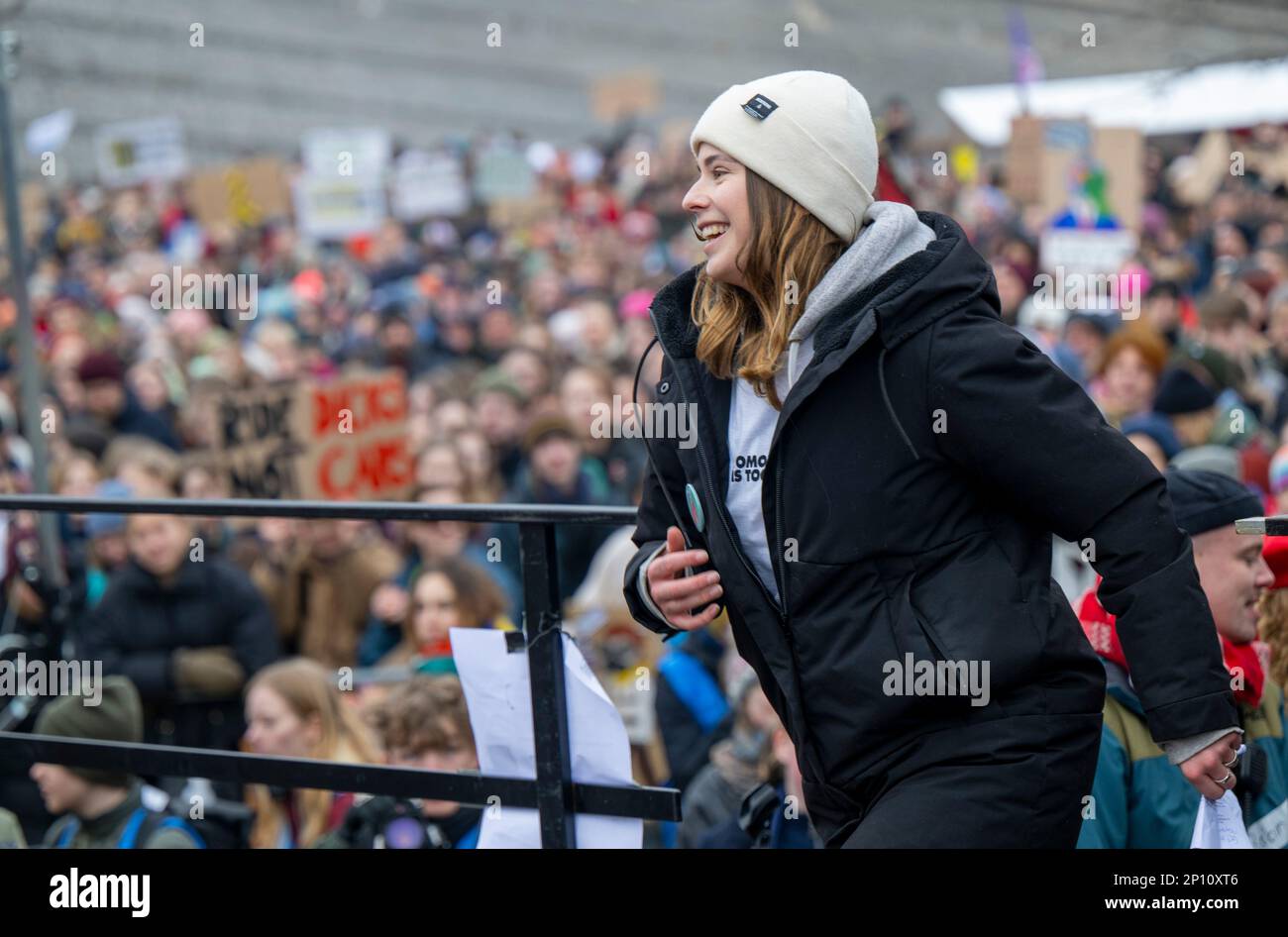 Berlin, Germany. 03rd Mar, 2023. Climate protection activist Luisa Neubauer arrives on stage ...