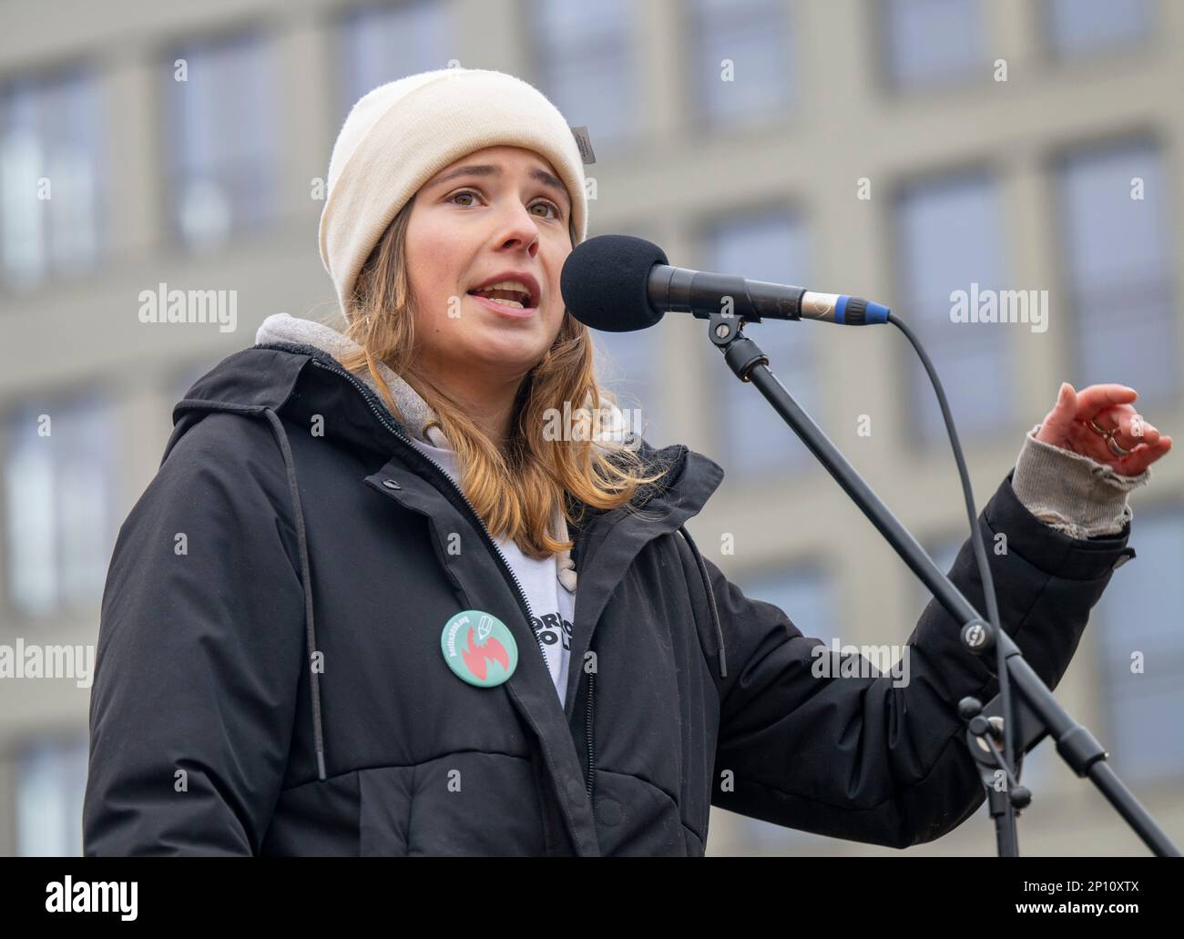 Berlin, Germany. 03rd Mar, 2023. Climate protection activist Luisa Neubauer speaks on stage ...