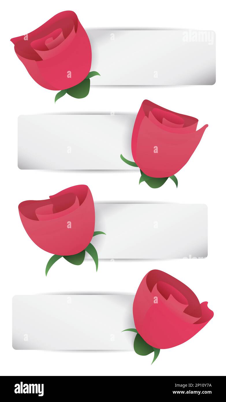 Special set with four pink roses in cartoon style next to blank labels ...
