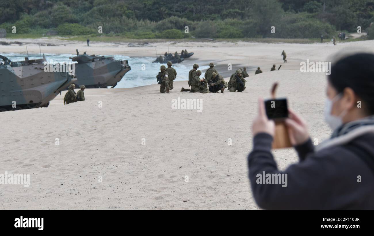 Tokunoshima, Japan. 03rd Mar, 2023. Member of Japan Ground Self-Defense Force's Amphibious Rapid ...
