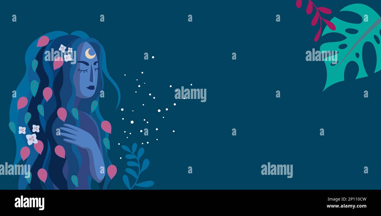 Illustration of a woman with leaves and flowers in the hairs - modern ...