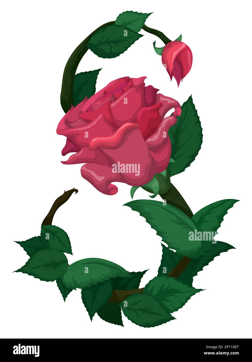 Decorated number eight with green stem, leaves, pink rose and bud, to ...