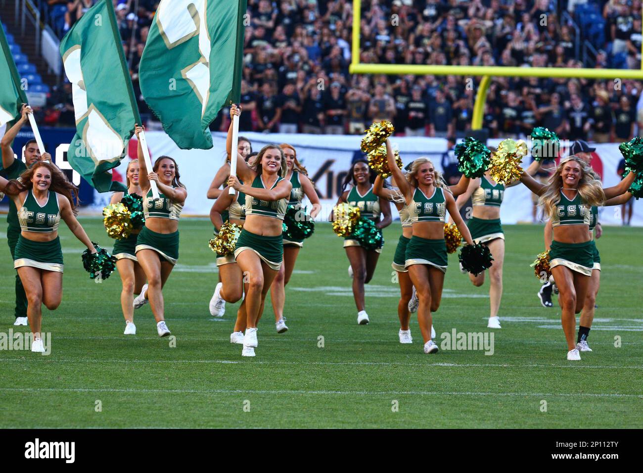 Colorado State cheerleaders run onto the field carrying the school ...