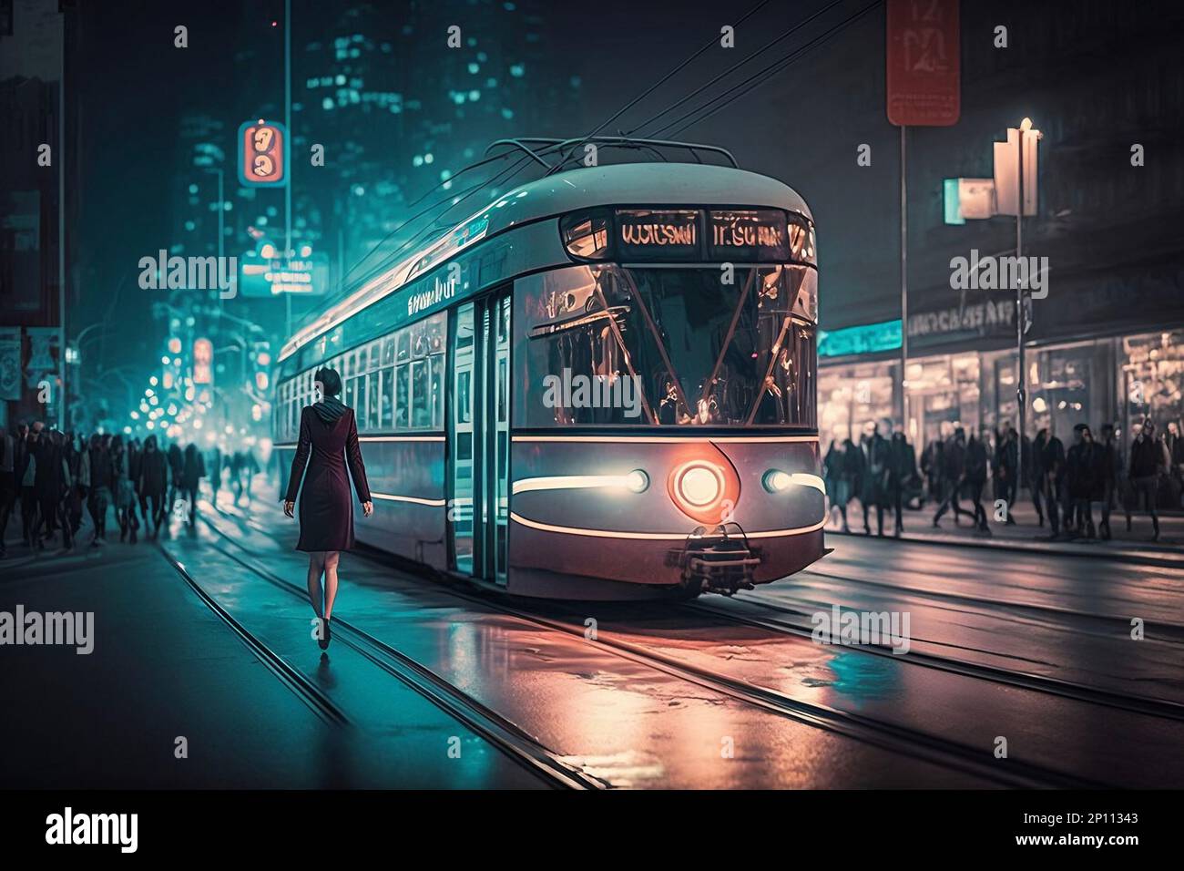Urban mass transit of the future. Tramway at a station, night in the ...