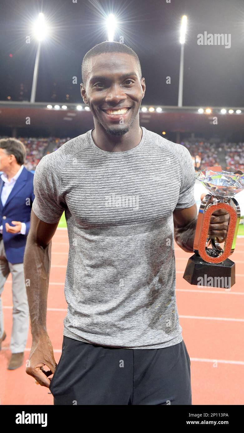 Sep 1, 2015; Zurich, SWITZERLAND; Kerron Clement (USA) poses with IAAF ...