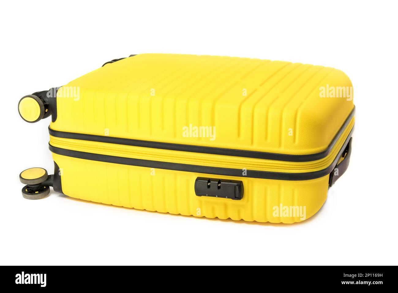 Yellow plastic suitcase isolated on white background Stock Photo - Alamy