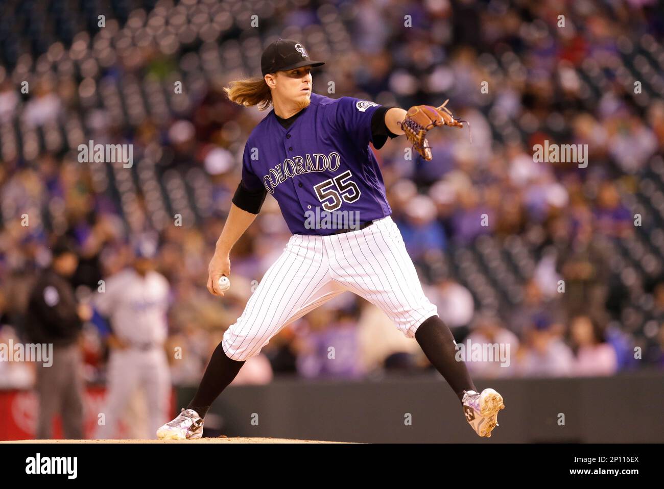 Colorado Rockies starting pitcher Jon Gray (55) warms up in a game ...