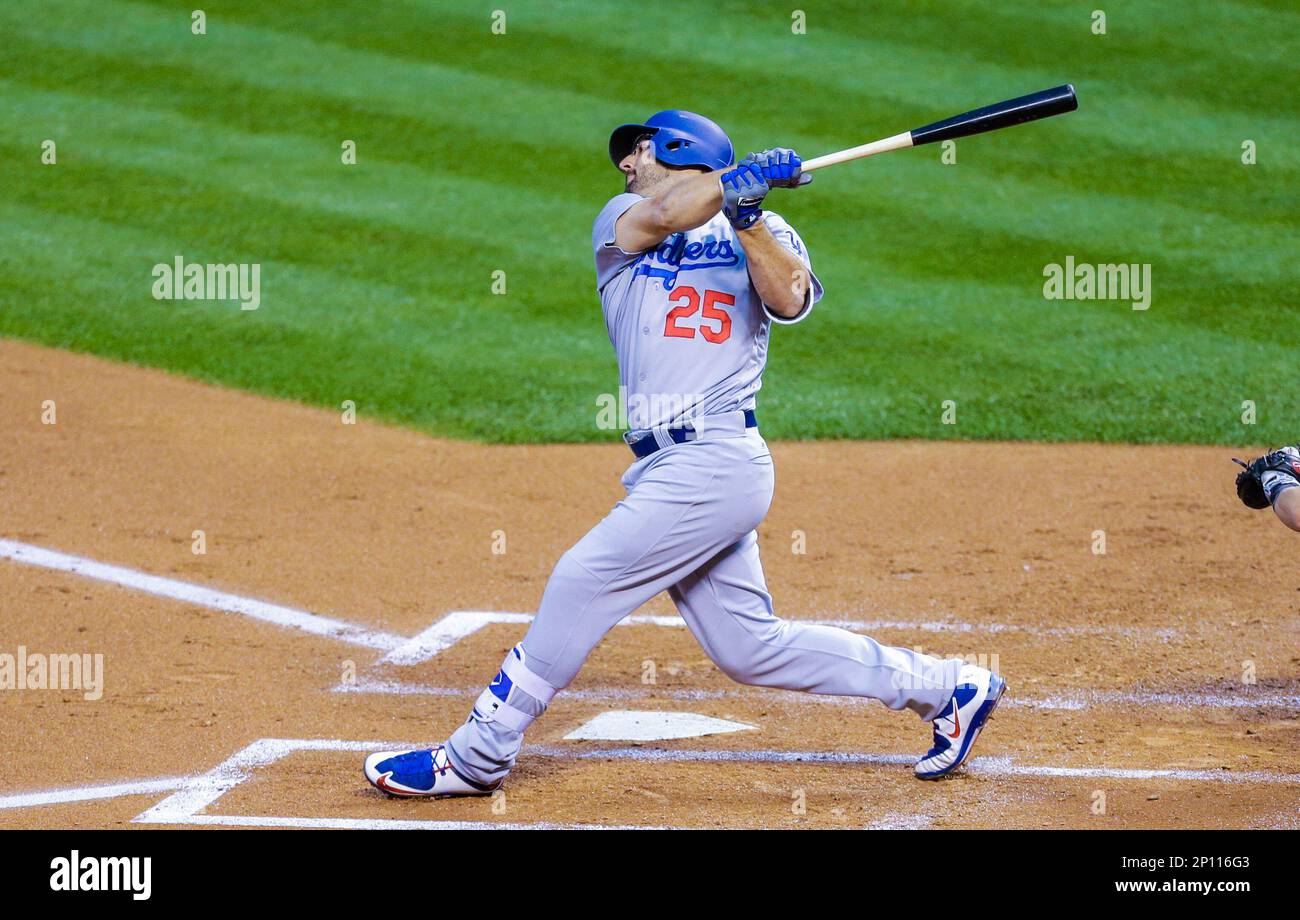 Los Angeles Dodgers third baseman Rob Segedin (25) swings at the pitch ...
