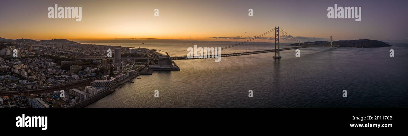 Panoramic aerial view of Akashi Bridge between Maiko and Awaji Island ...