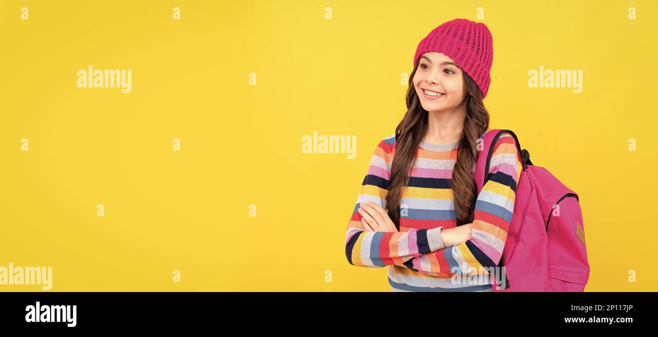 happy hipster teen girl with backpack going to school, education ...