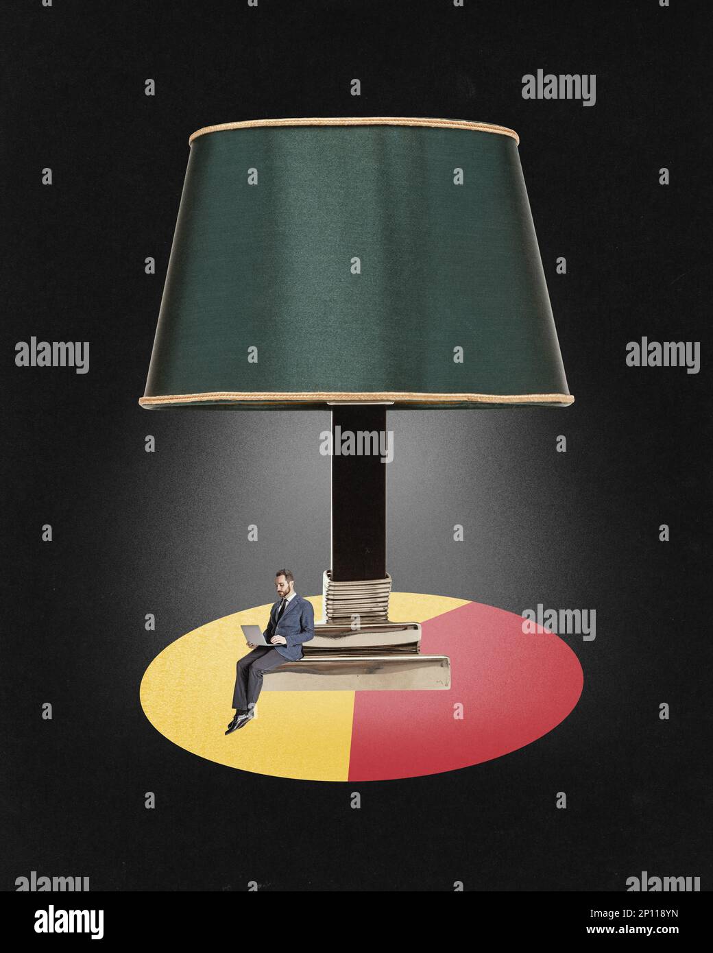 Tiny man sitting on giant table lamp. Contemporary art collage. Concept ...