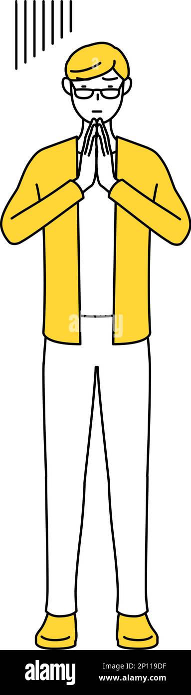 A casually dressed young man apologizing with his hands in front of his ...