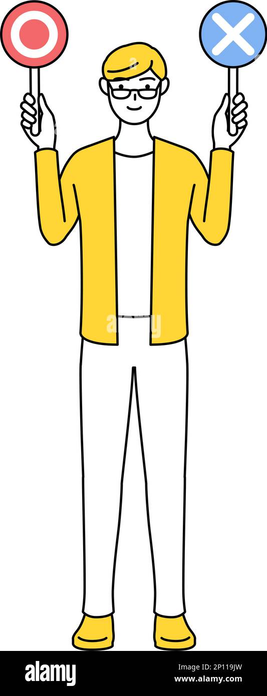 A casually dressed young man holding a stick indicating correct and ...