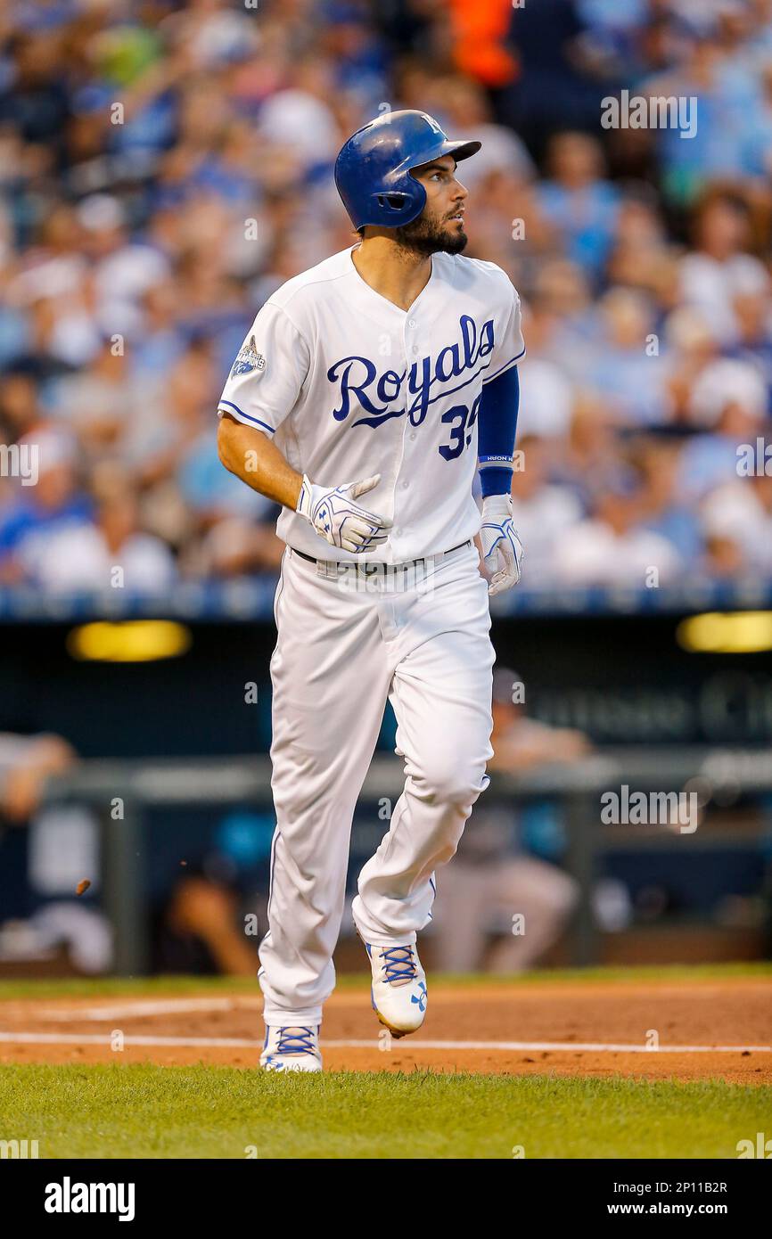Kansas City Royals Eric Hosmer watches a hit as he runs to first base ...