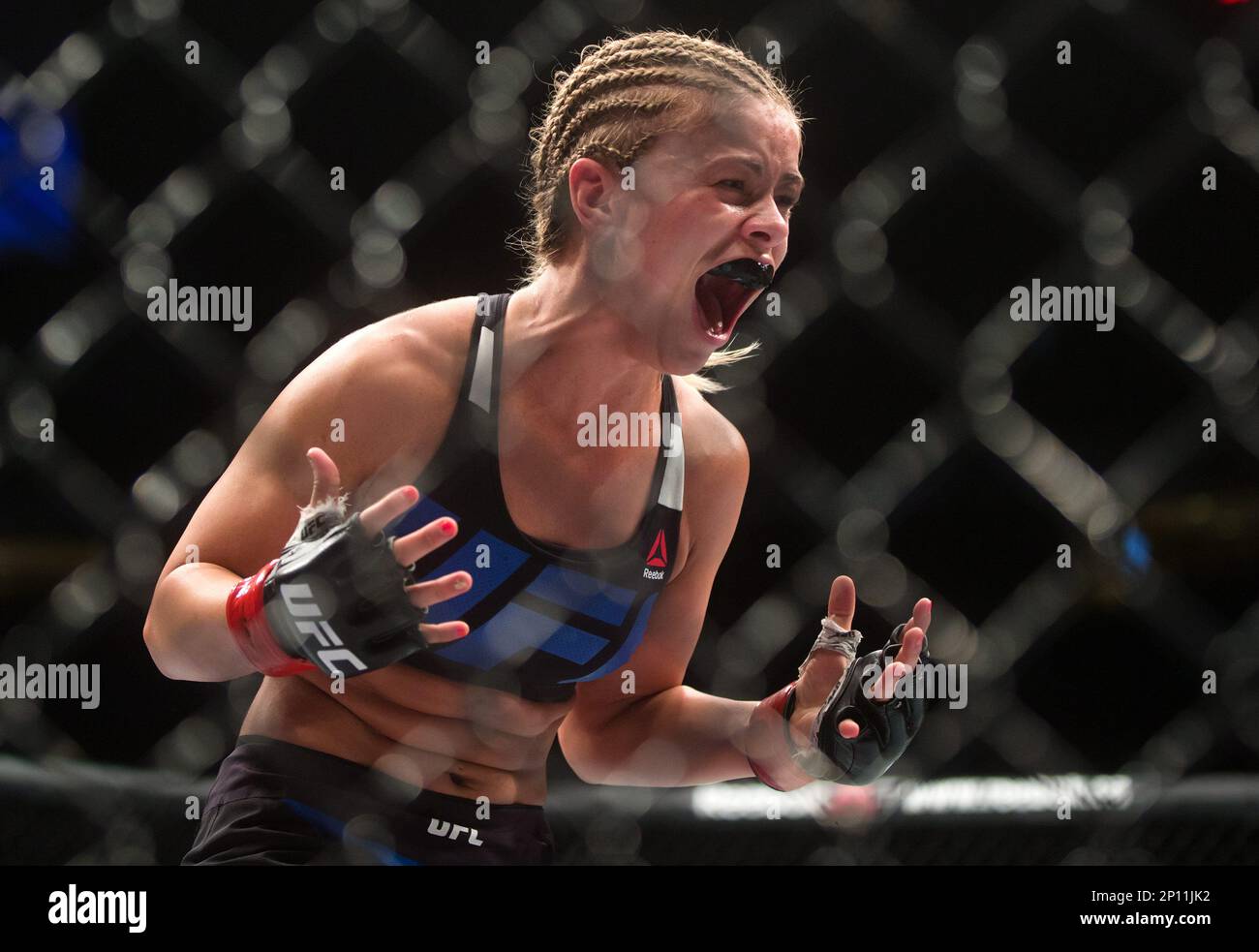 Paige VanZant, of the United States, celebrates after defeating Bec ...
