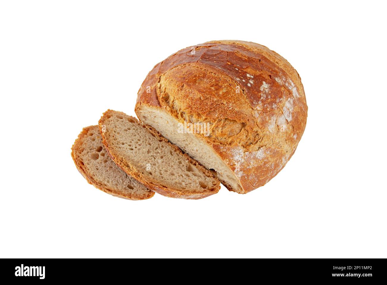 Rye and wheat brown sourdough bread loaf and slices isolated on white ...