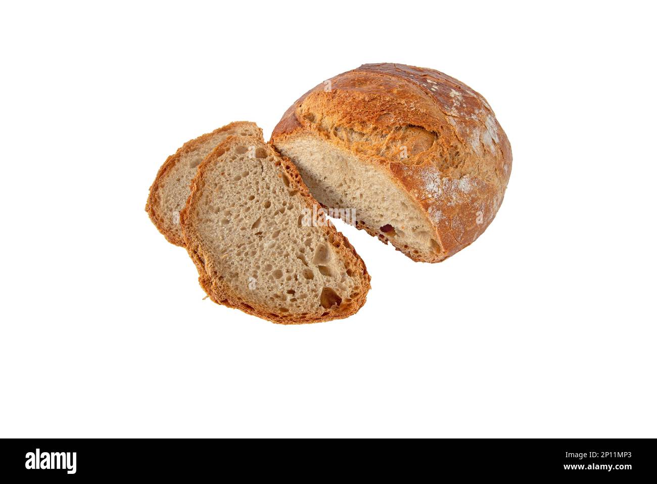 Brown sourdough bread loaf and slices isolated on white. Porous bread ...