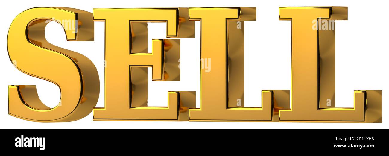 Gold word SELL isolated. Buy and selling concept Stock Photo - Alamy