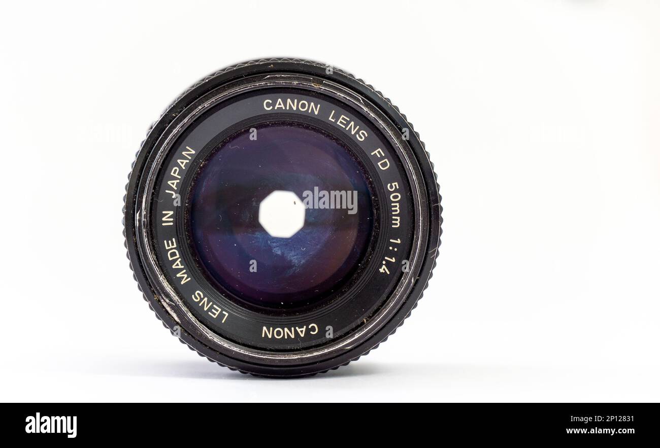 RESEN, MACEDONIA. FEBRUARY 27, 2023-Vintage film camera lens Canon 50mm ...