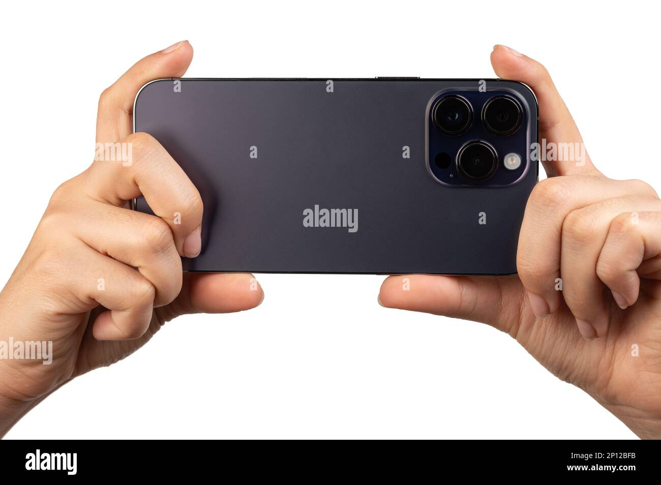 Close up of purple smartphone back view with set of cameras isolated ...