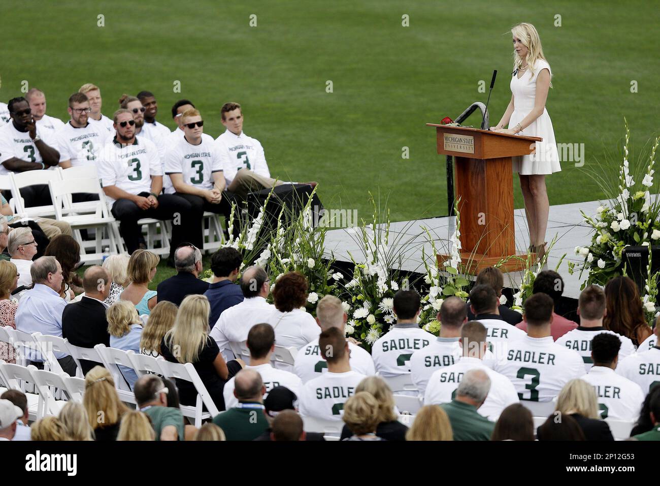 Katie Sadler addresses the crowd during the celebration of life of her ...