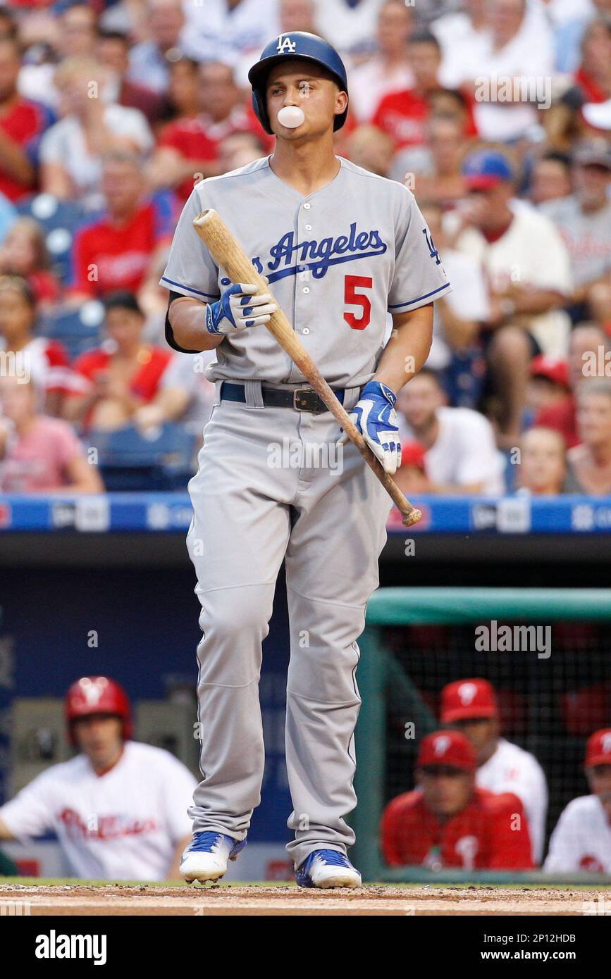 August 16, 2016: Los Angeles Dodgers shortstop Corey Seager (5) blows a ...