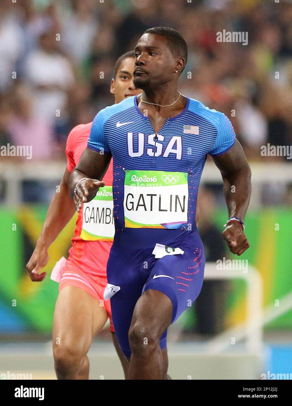 Justin Gatlin competes in the 100 meter race during the men's final at ...