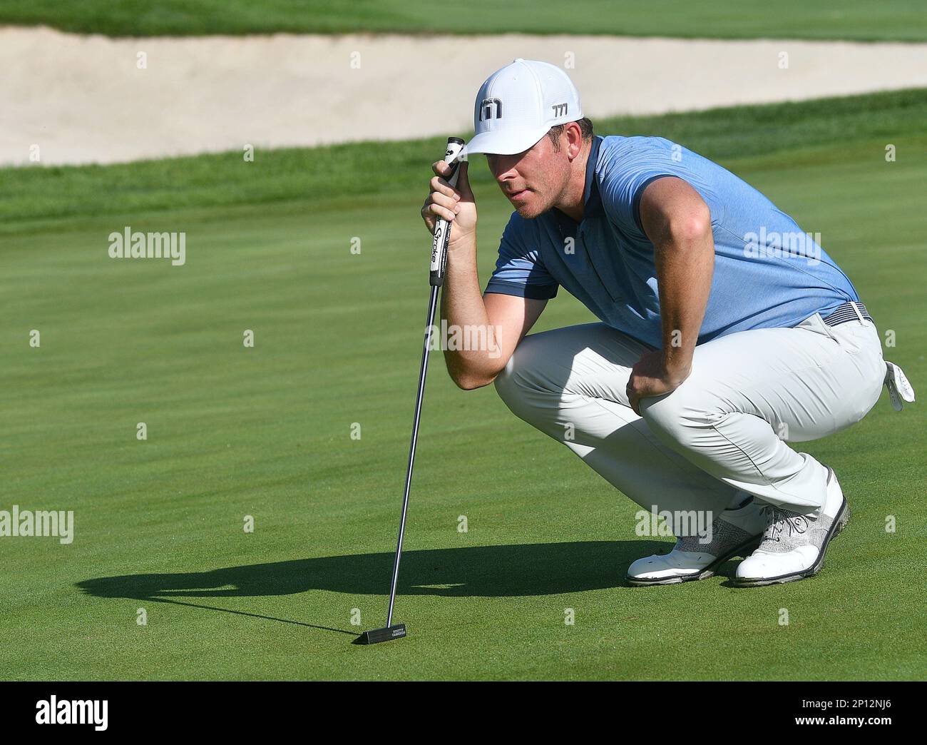 14 AUG 2016: Golfer Luke List lines up a putt on the number one hole ...