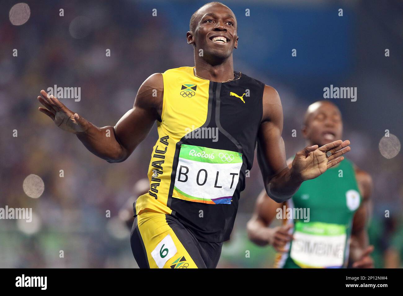 Usain Bolt celebrates winning the 100m meter race aduring the men's ...