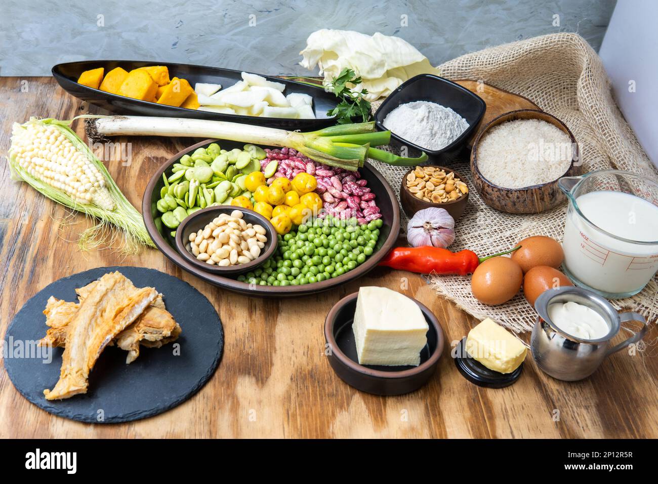 still life with ingredients to prepare fanesca. Traditional Ecuadorian ...