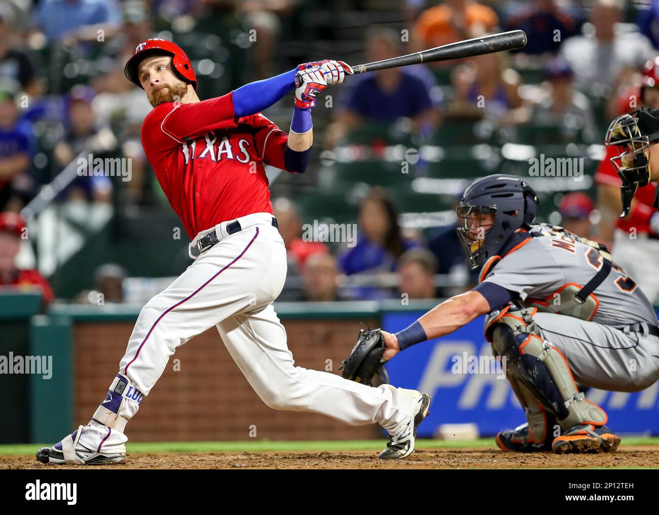 12 AUG 2016: Texas Rangers catcher Jonathan Lucroy takes a big swing ...