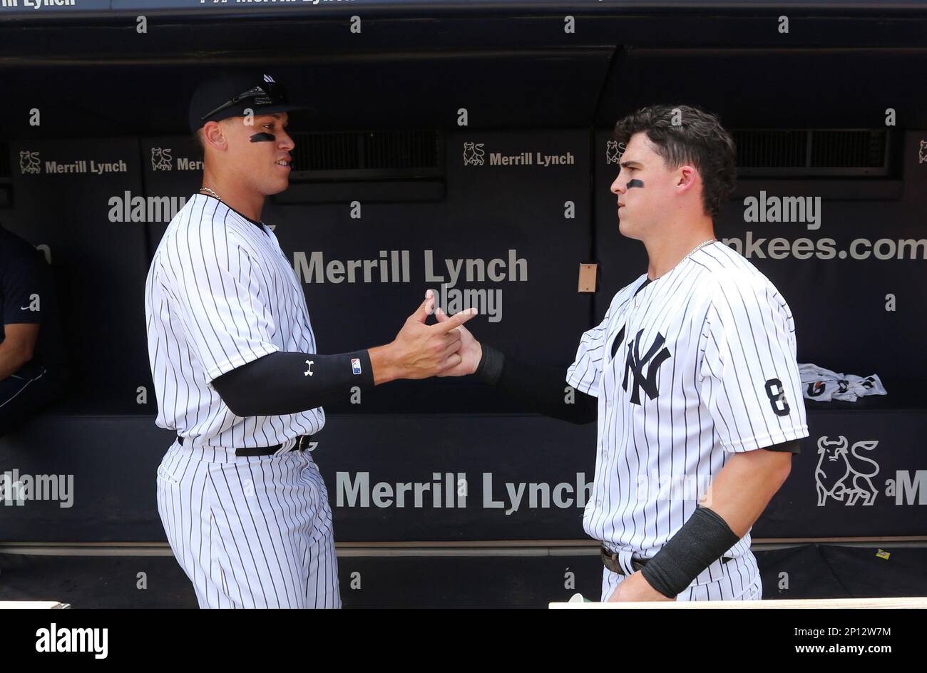 New York Yankees' Aaron Judge, left, and Tyler Austin greet each other ...