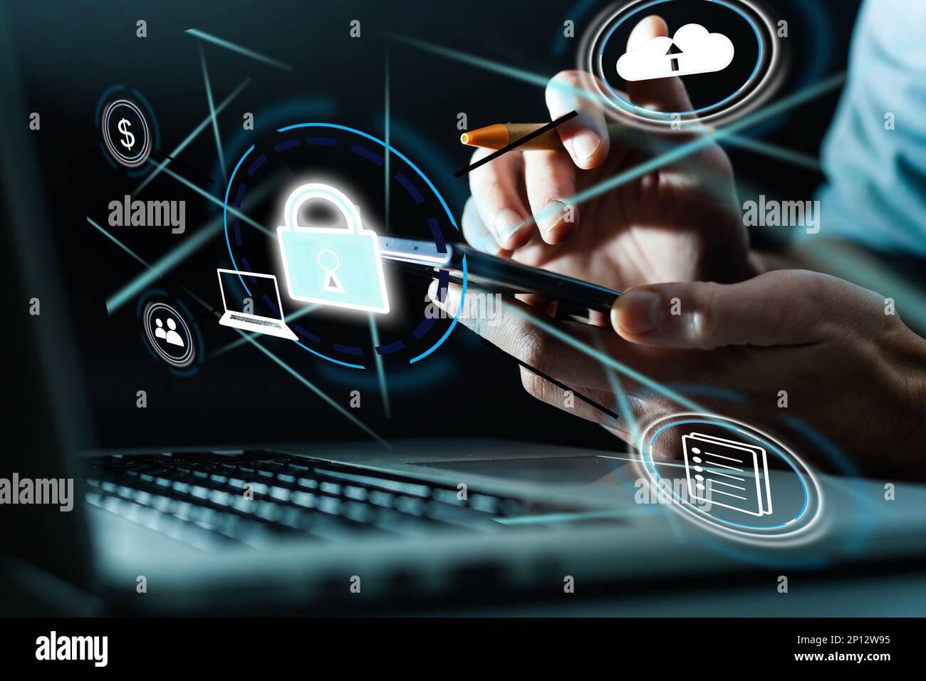 Cyber security and futuristic technology concept businessman using ...