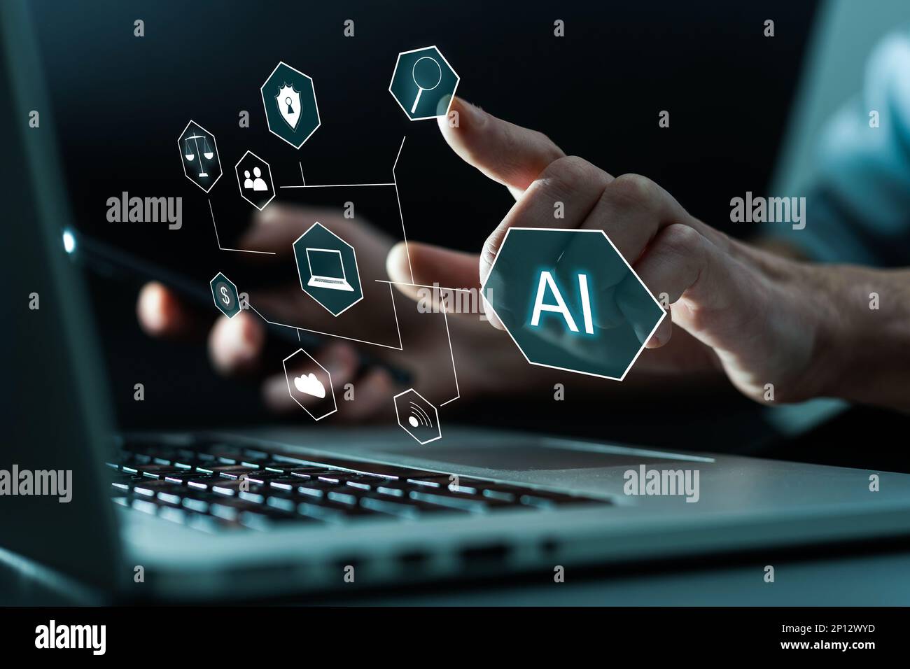 Hand touching digital chatbot for provide access to information and ...