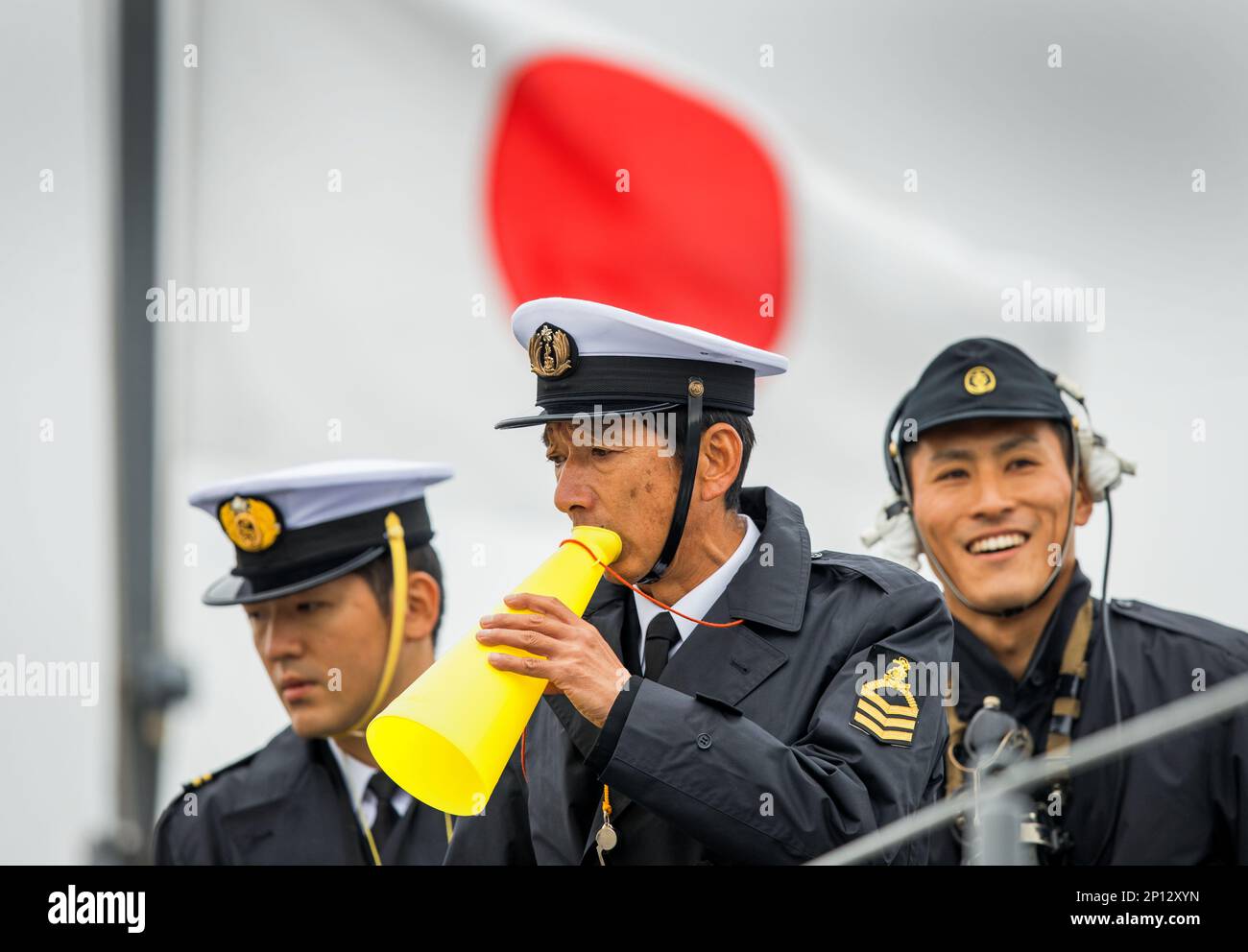 Crew members stand on board the Japanese destroyer 'Setuyoki' upon the ...