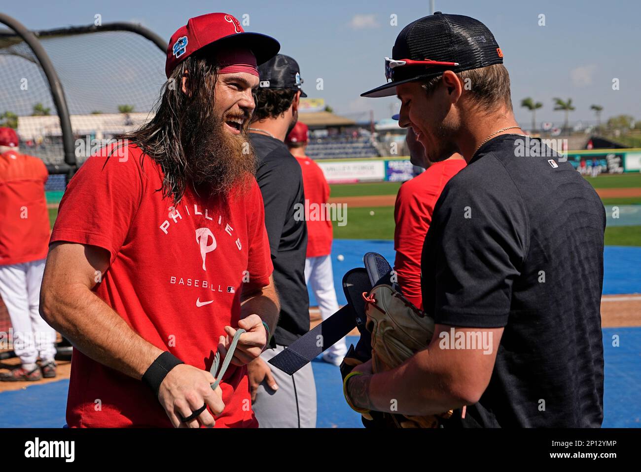 Philadelphia Phillies' Brandon Marsh, left, talks with former teammate ...