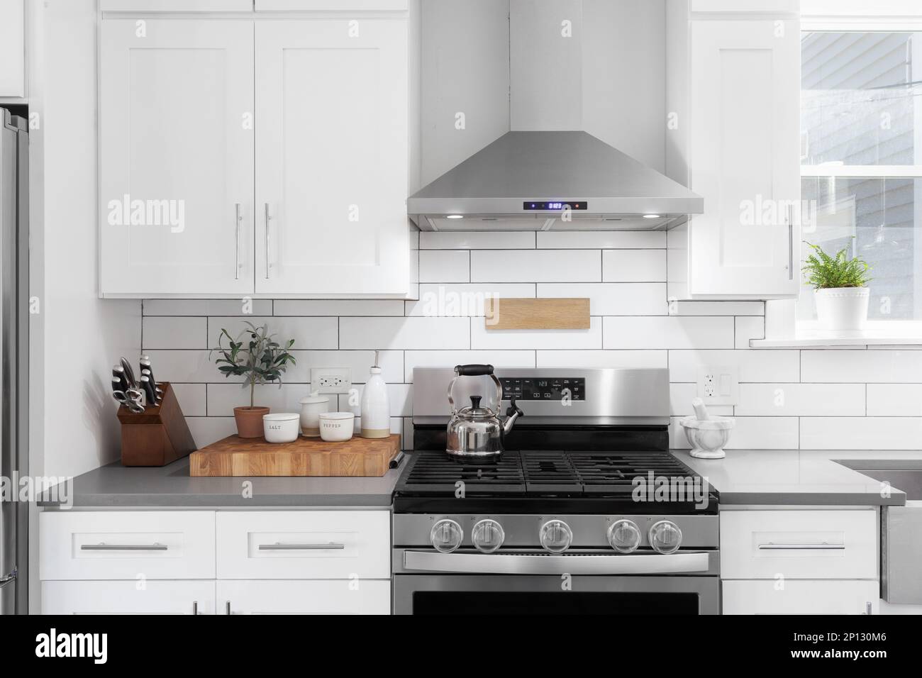 A kitchen detail shot with white cabinets, stainless steel appliances ...