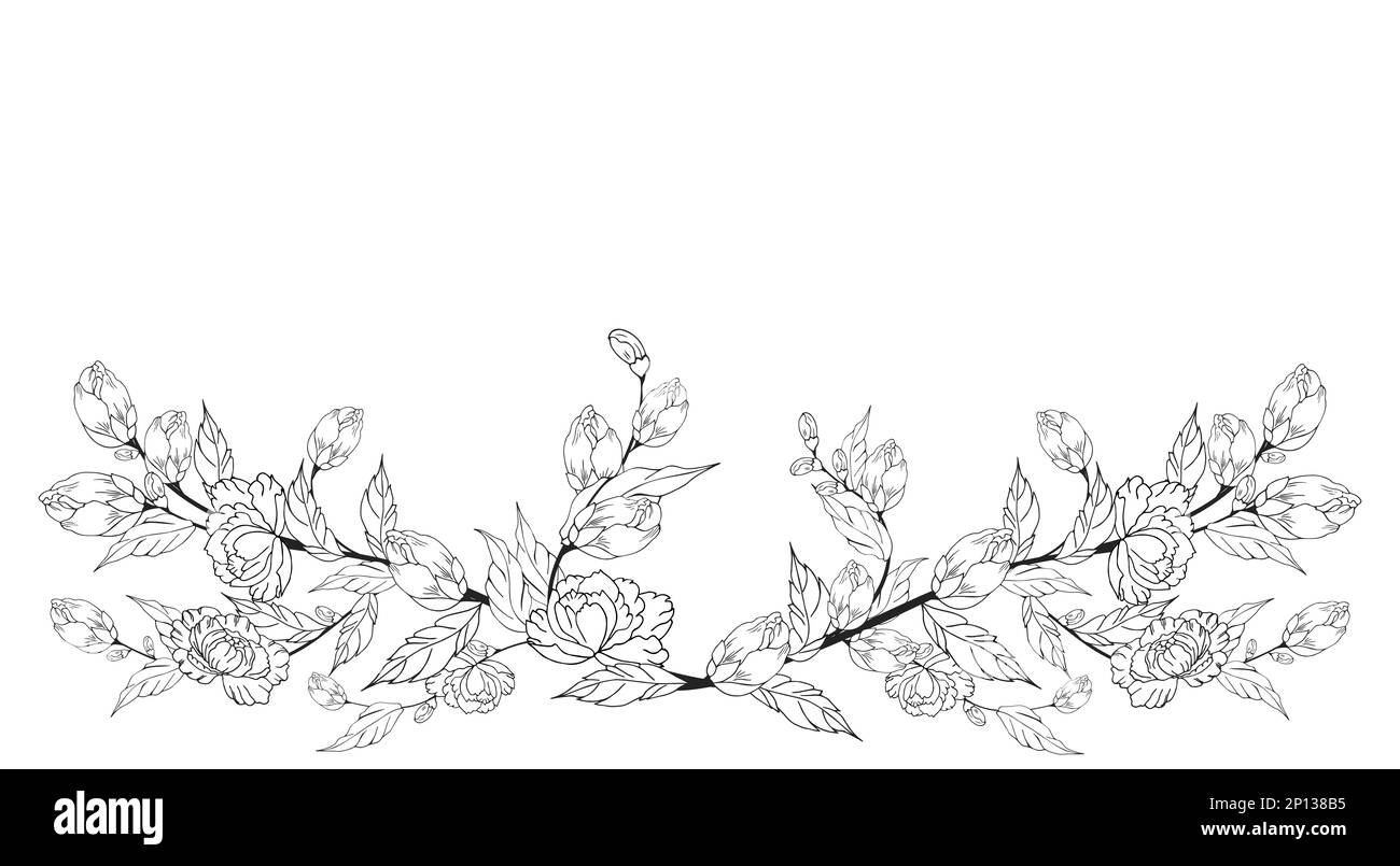 A beautiful blooming branch, richly decorated with flowers, buds, and ...