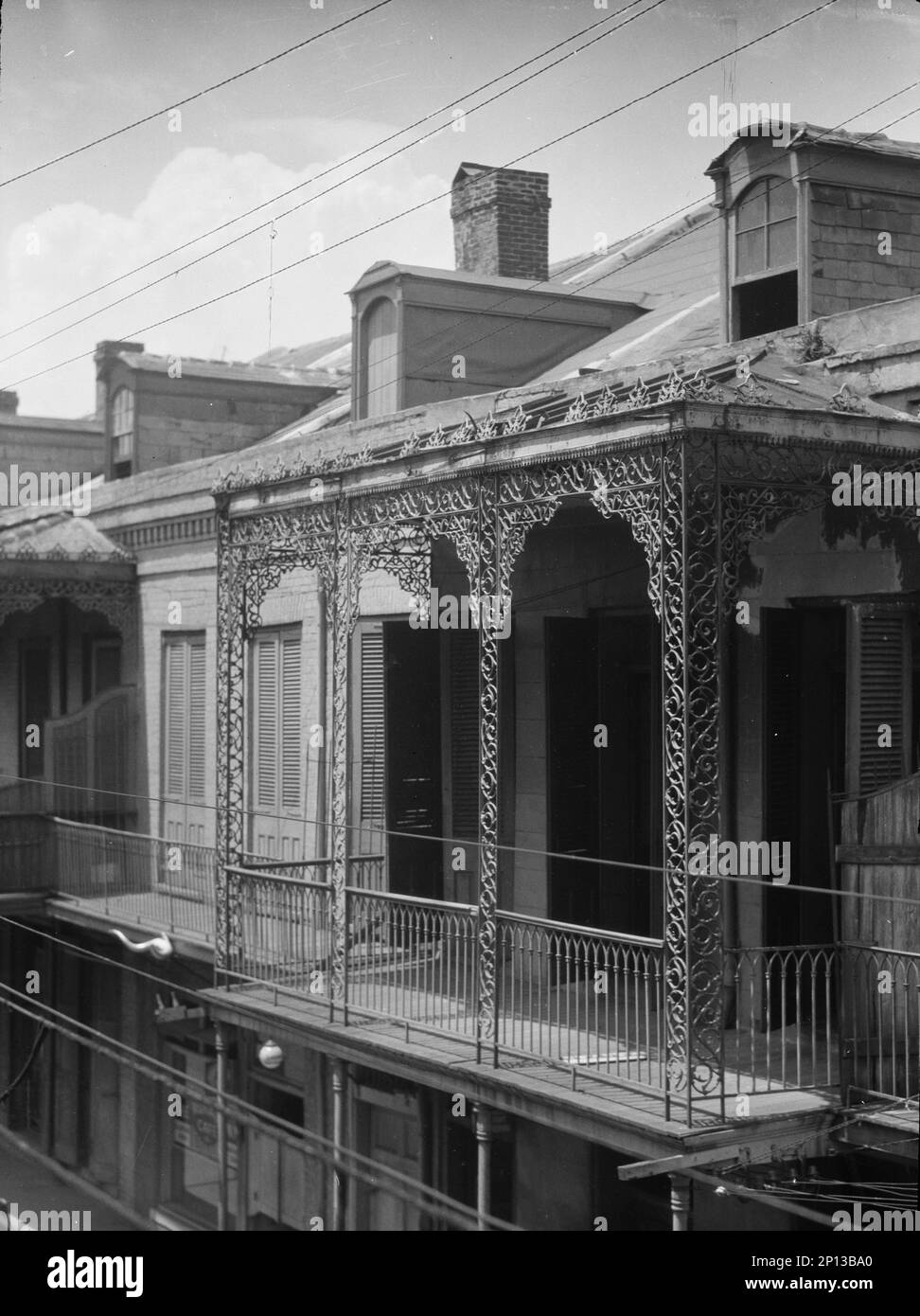 Upper story of building with wrought iron balconies, New Orleans ...