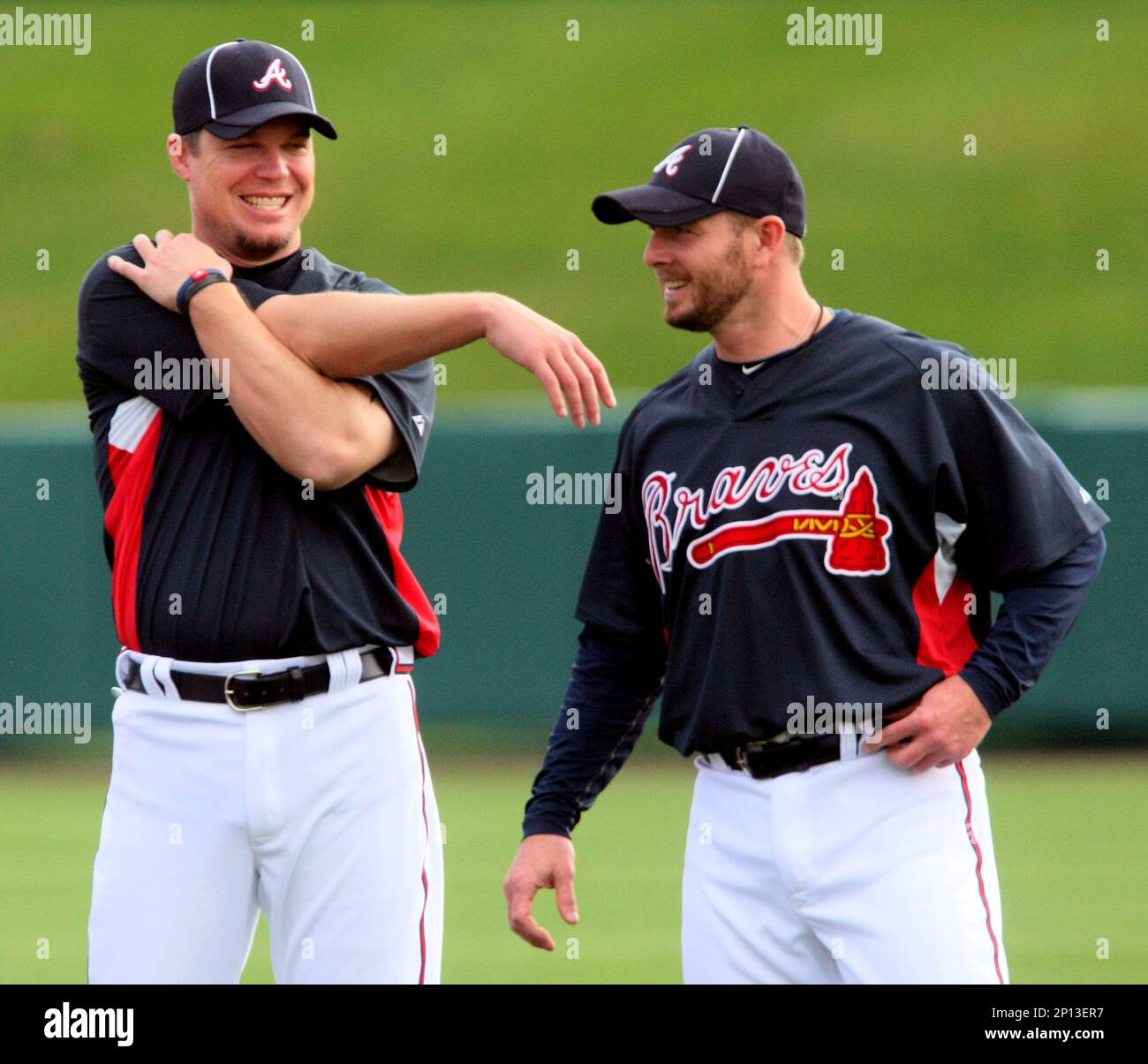 Chipper Jones, left, and Billy Wagner chat during team exercises on the ...