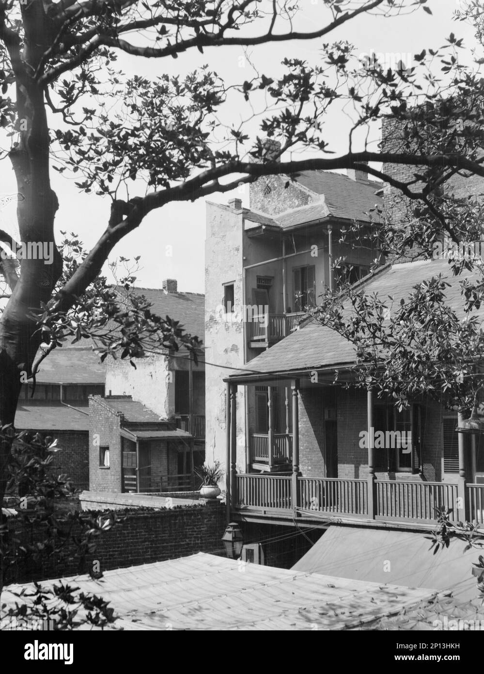 Courtyard balconies and upper levels of houses, New Orleans, between ...